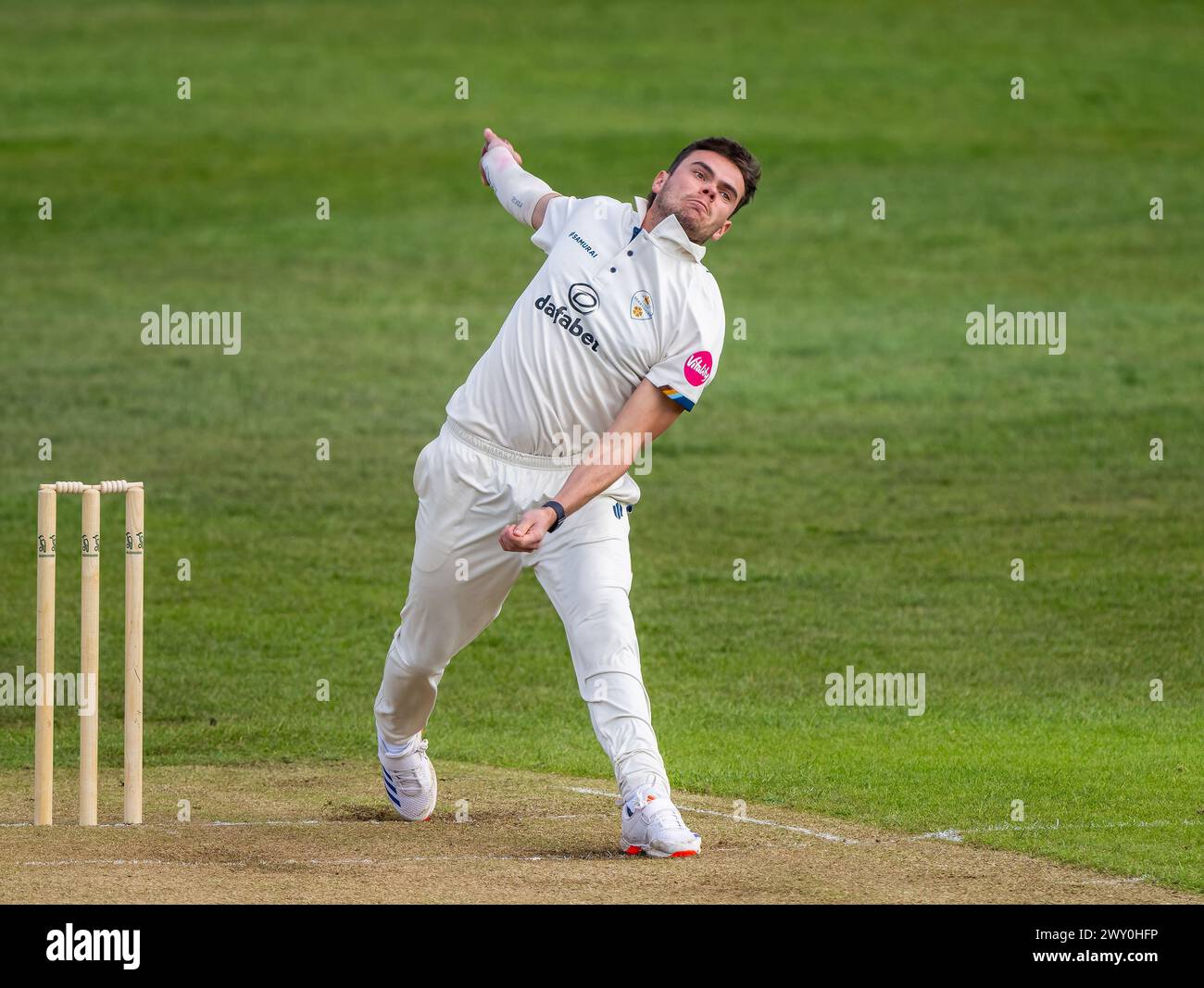 Sam Conners bowling for Derbyshire in a pre-season friendly match ...