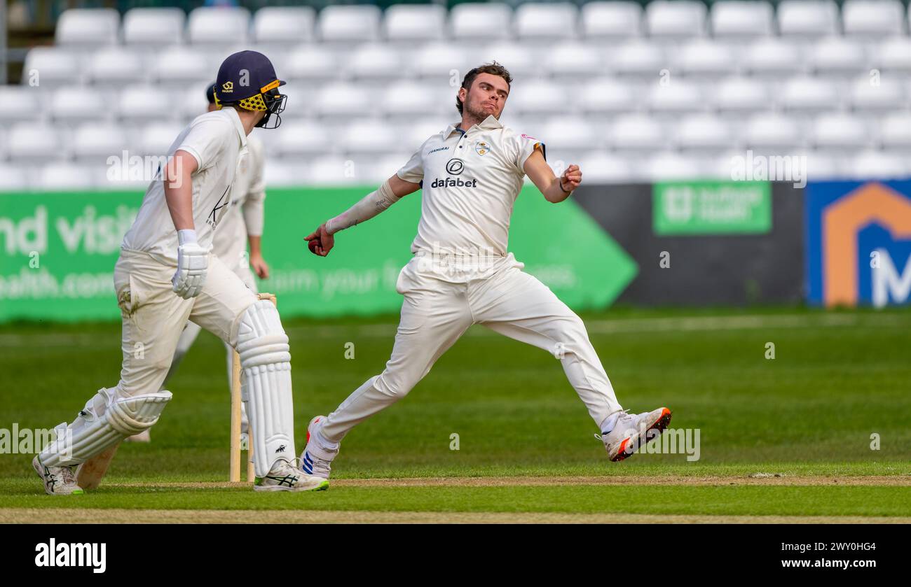 Sam Conners bowling for Derbyshire in a pre-season friendly match ...