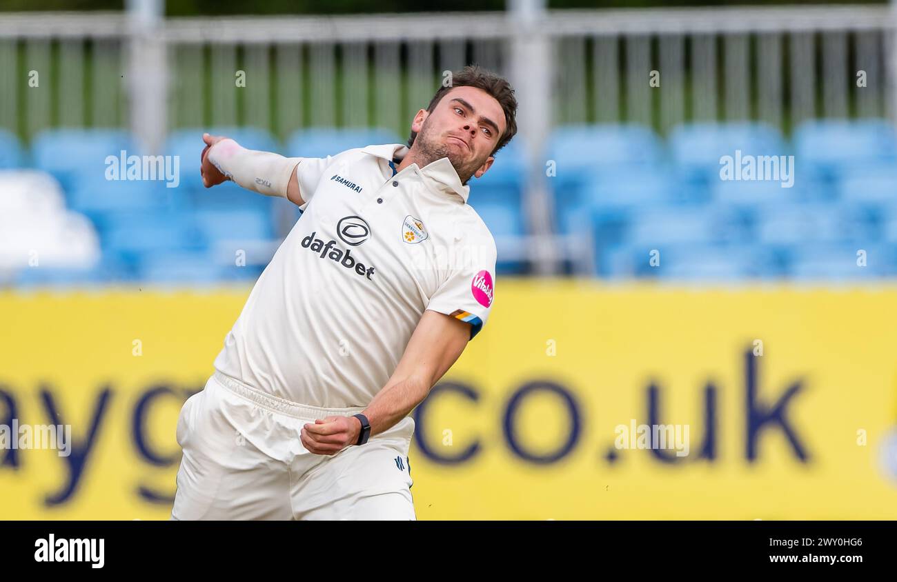 Sam Conners bowling for Derbyshire in a pre-season friendly match ...