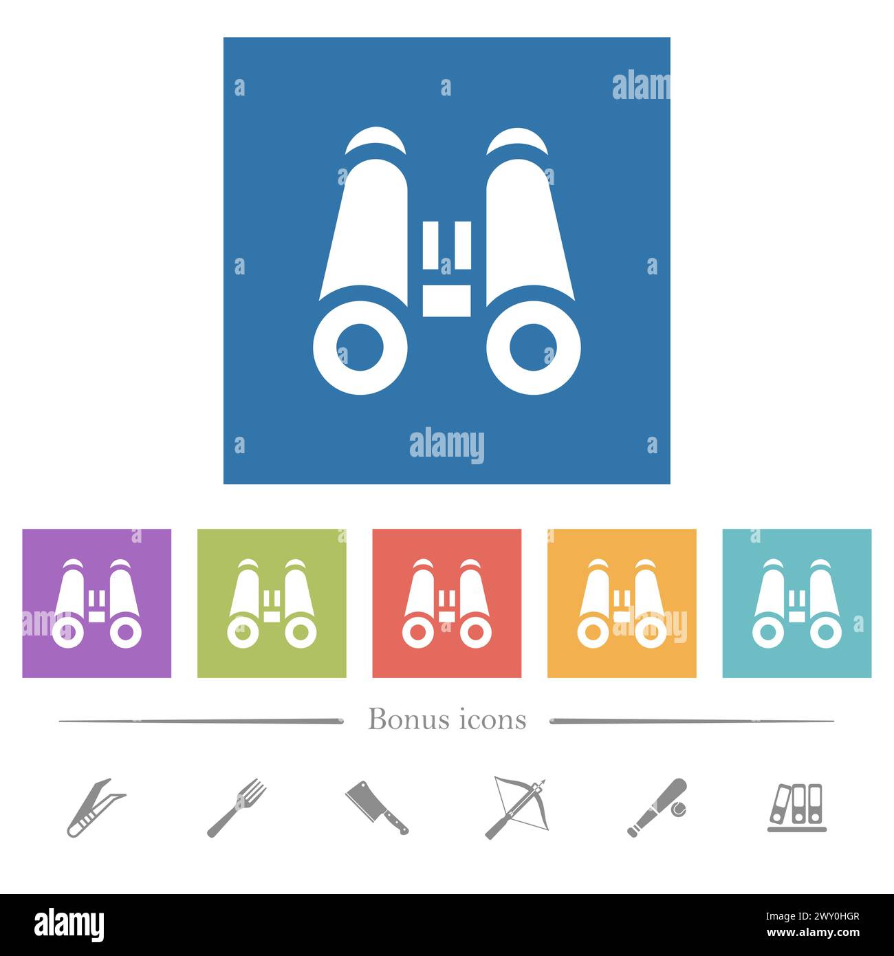 Binoculars solid flat white icons in square backgrounds. 6 bonus icons ...