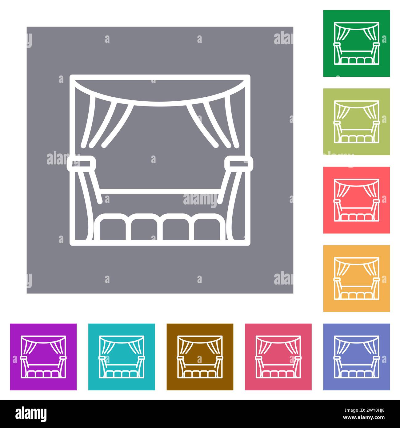 Theater stage curtain seats outline flat icons on simple color square backgrounds Stock Vector ...