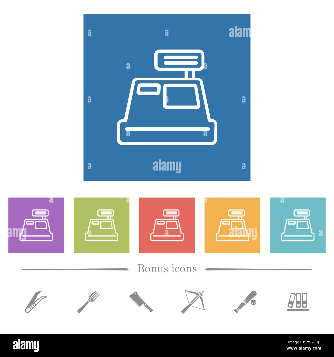 Cash register outline flat white icons in square backgrounds. 6 bonus ...