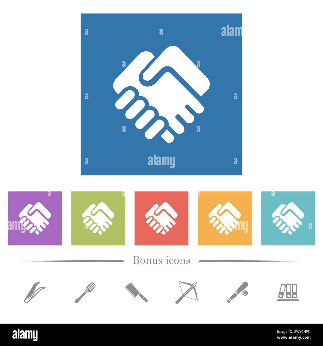 Handshake solid flat white icons in square backgrounds. 6 bonus icons ...