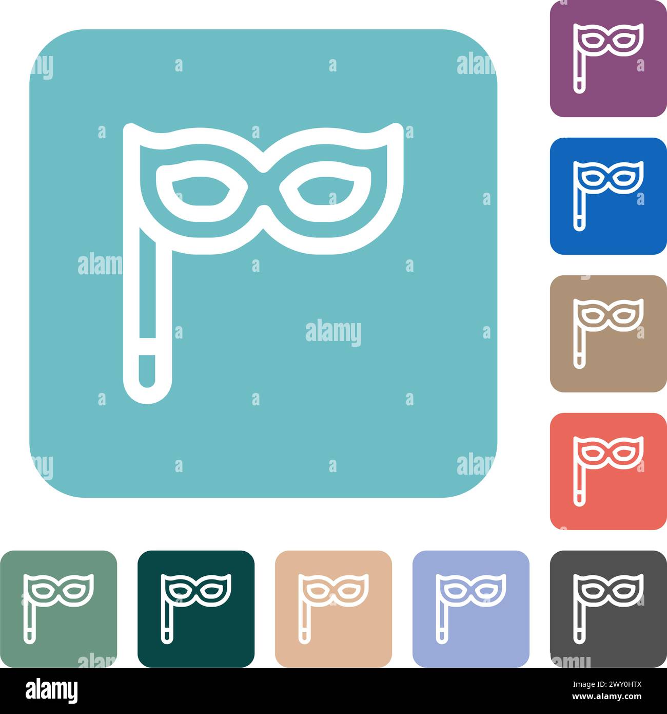 Masquerade mask with stick outline white flat icons on color rounded ...
