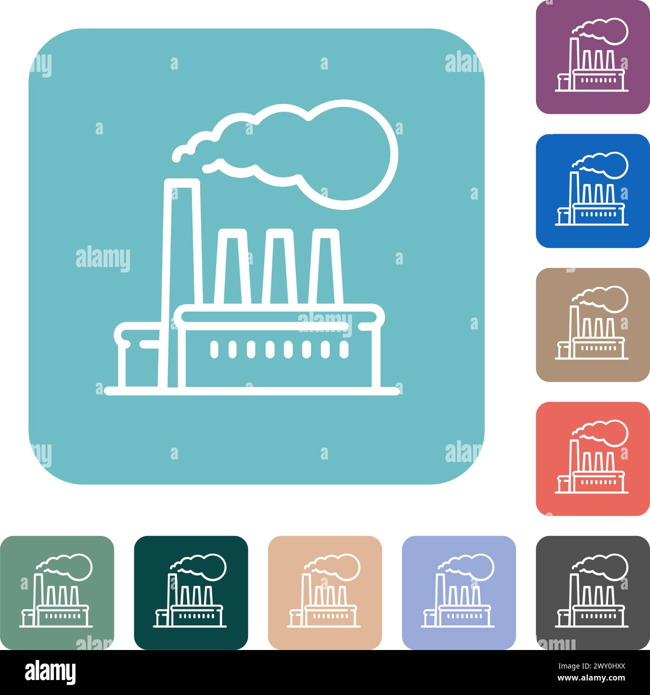 Factory building outline white flat icons on color rounded square ...