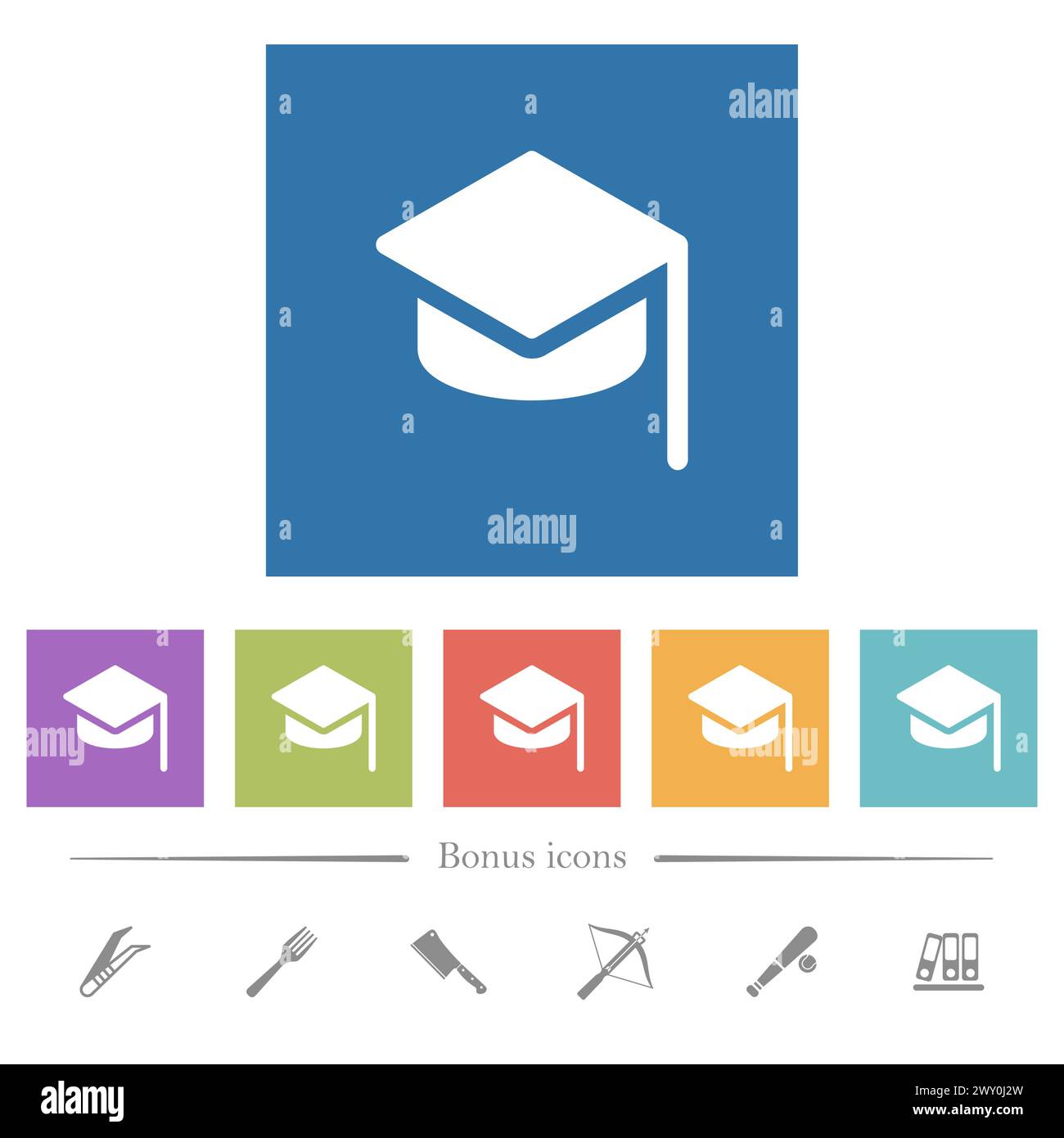 Graduation hat solid flat white icons in square backgrounds. 6 bonus icons included Stock Vector ...