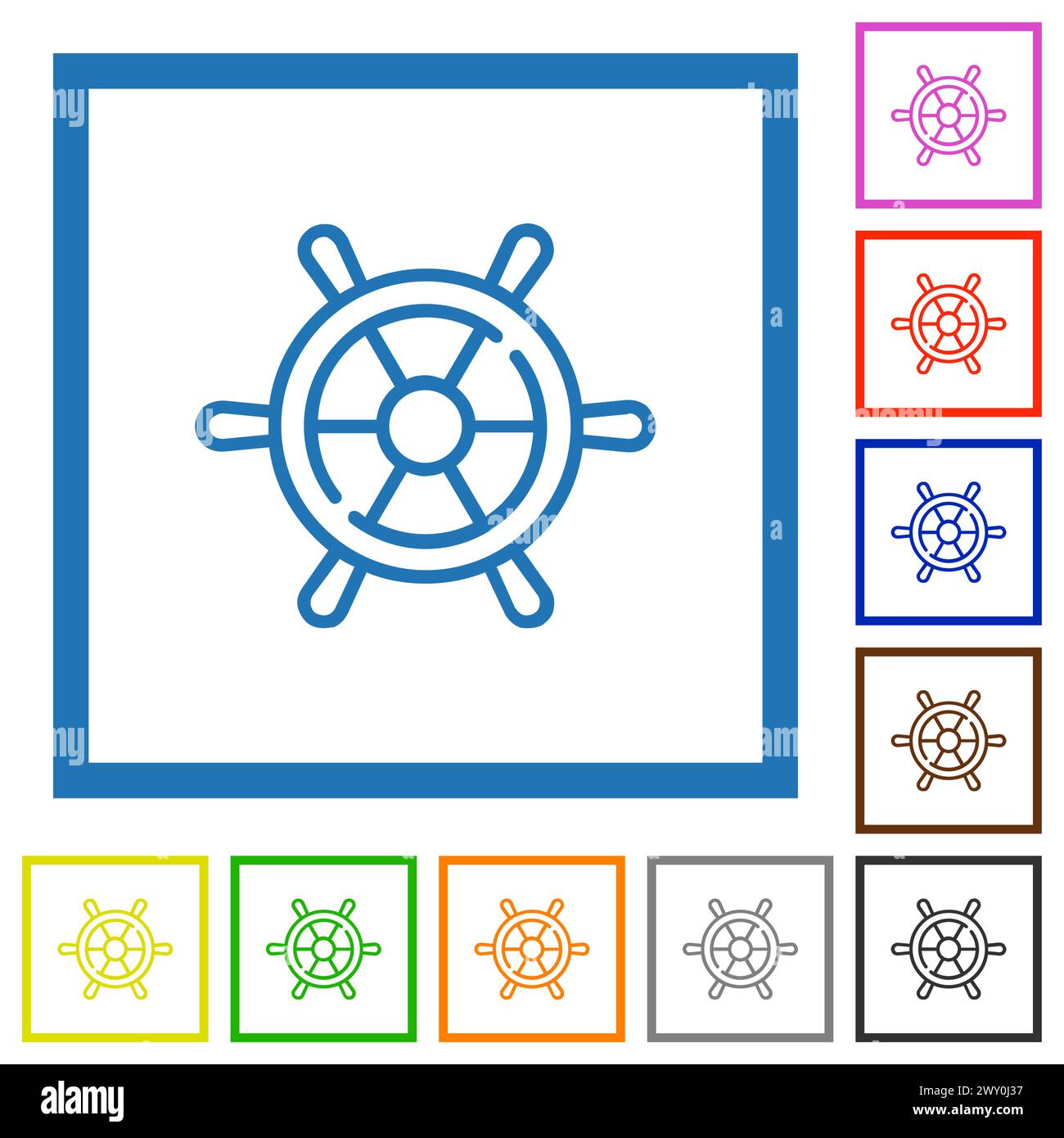 Ship steering wheel outline flat color icons in square frames on white ...