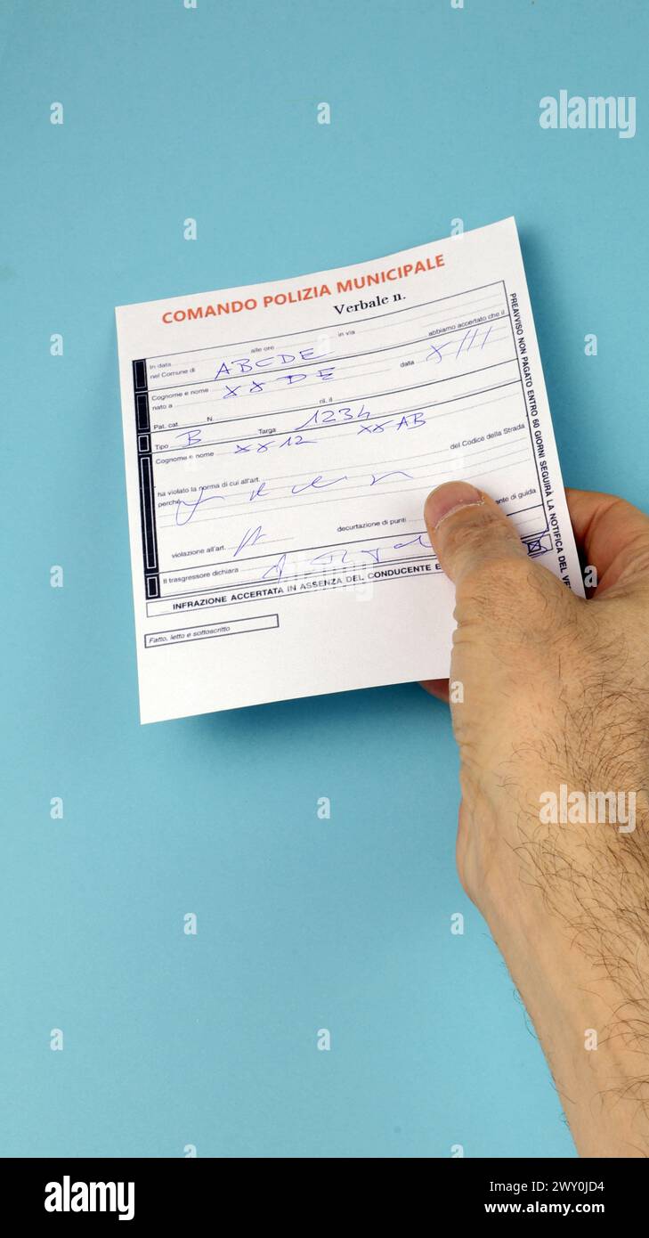 Verbal fine for traffic infringement, report sheet isolated on desk ...