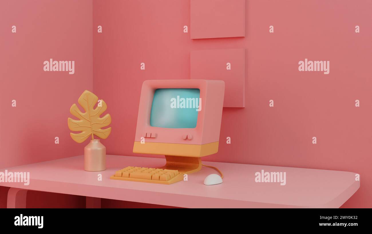 Retro Tech Charm: Vintage Computer Setup in Pastel Decor Stock Photo ...