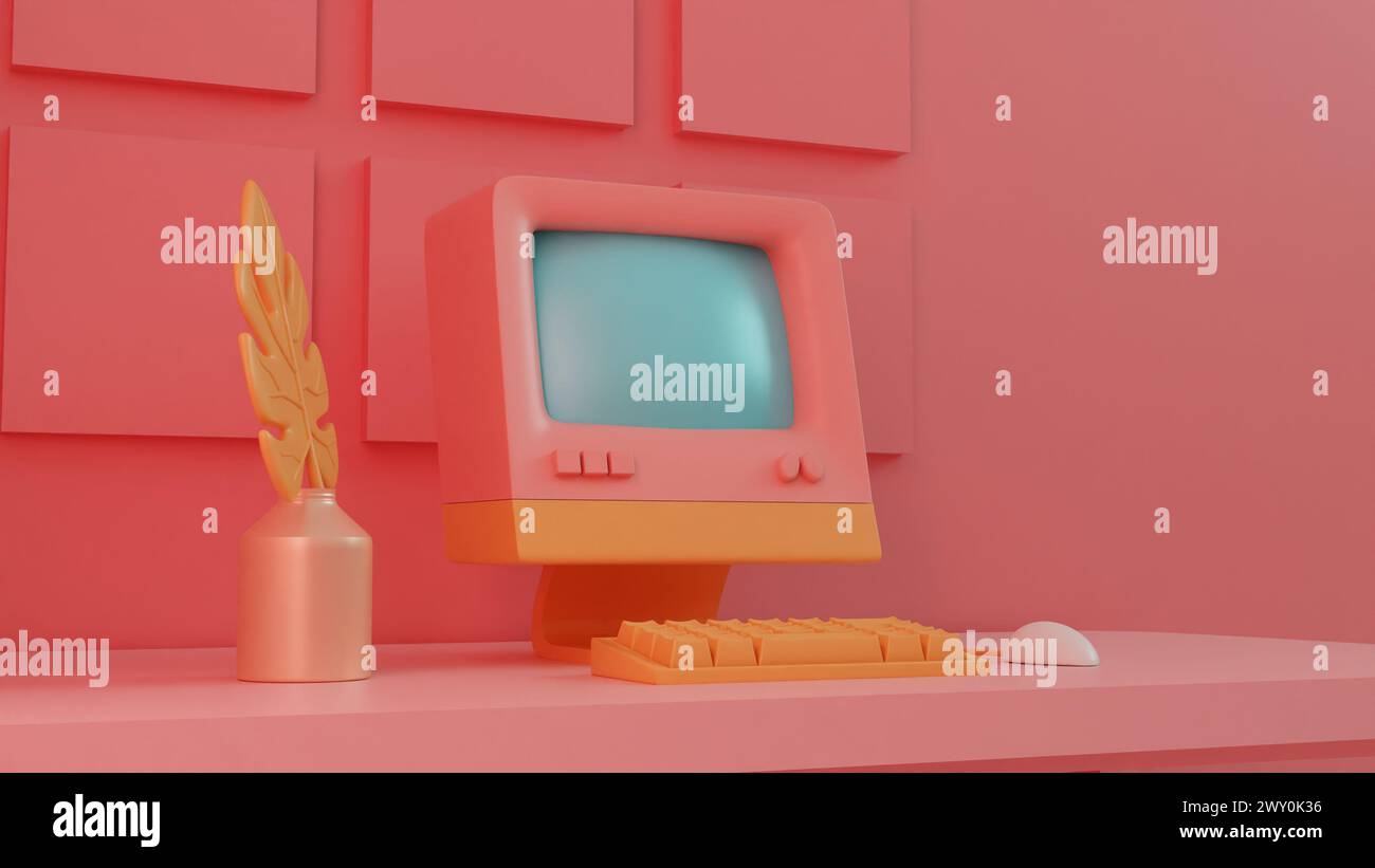 Retro Tech Charm: Vintage Computer Setup in Pastel Decor Stock Photo ...