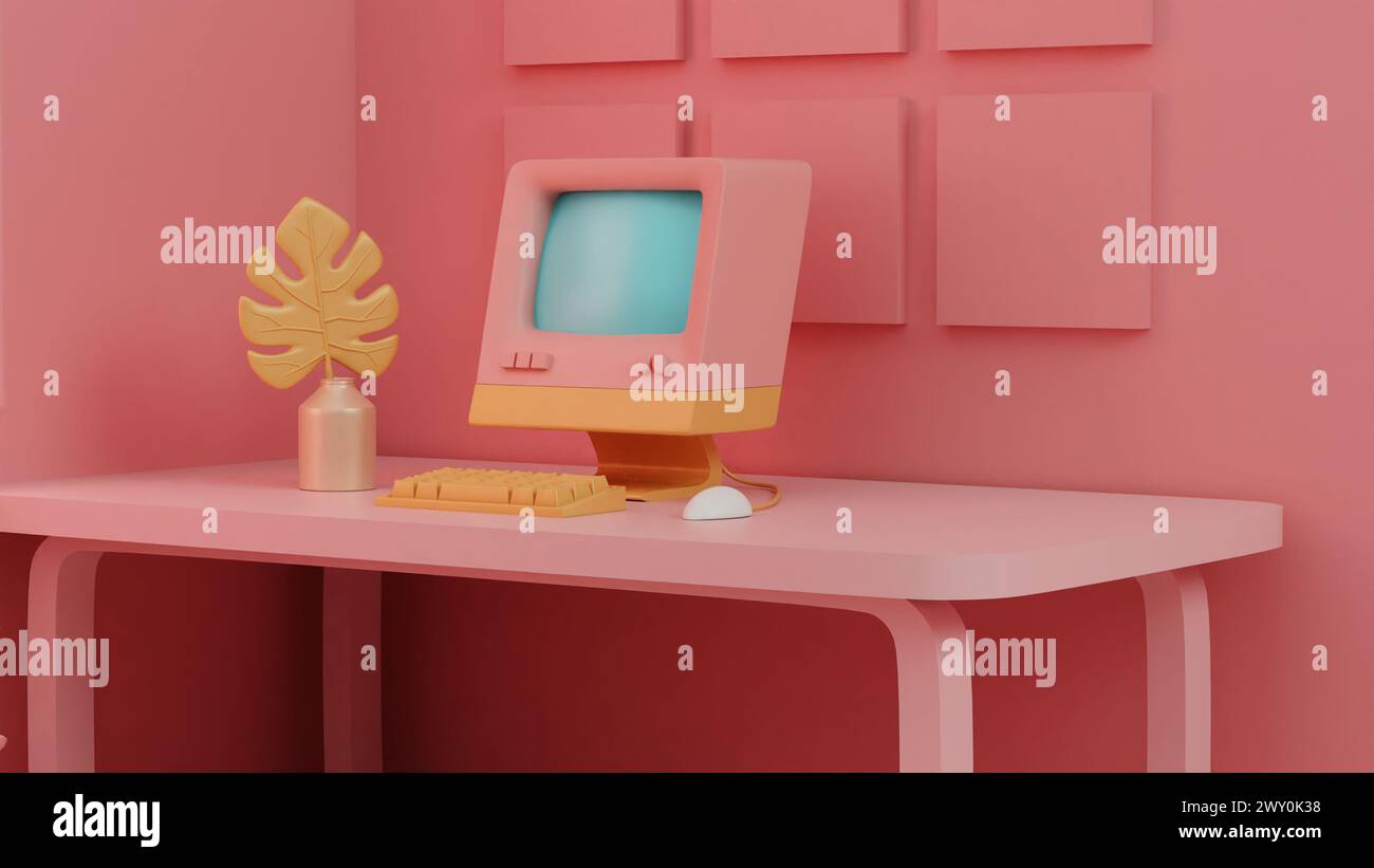 Retro Tech Charm: Vintage Computer Setup in Pastel Decor Stock Photo ...