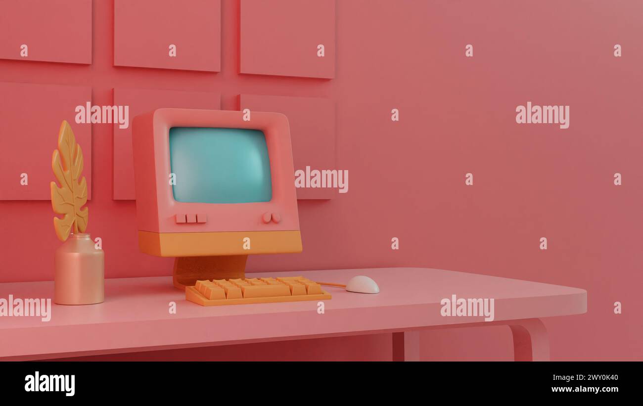 Retro Tech Charm: Vintage Computer Setup in Pastel Decor Stock Photo ...