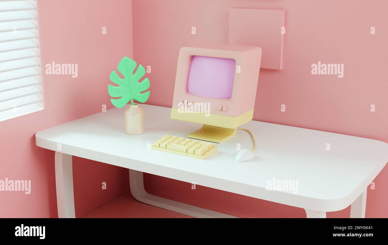 Retro Tech Charm: Vintage Computer Setup in Pastel Decor Stock Photo ...