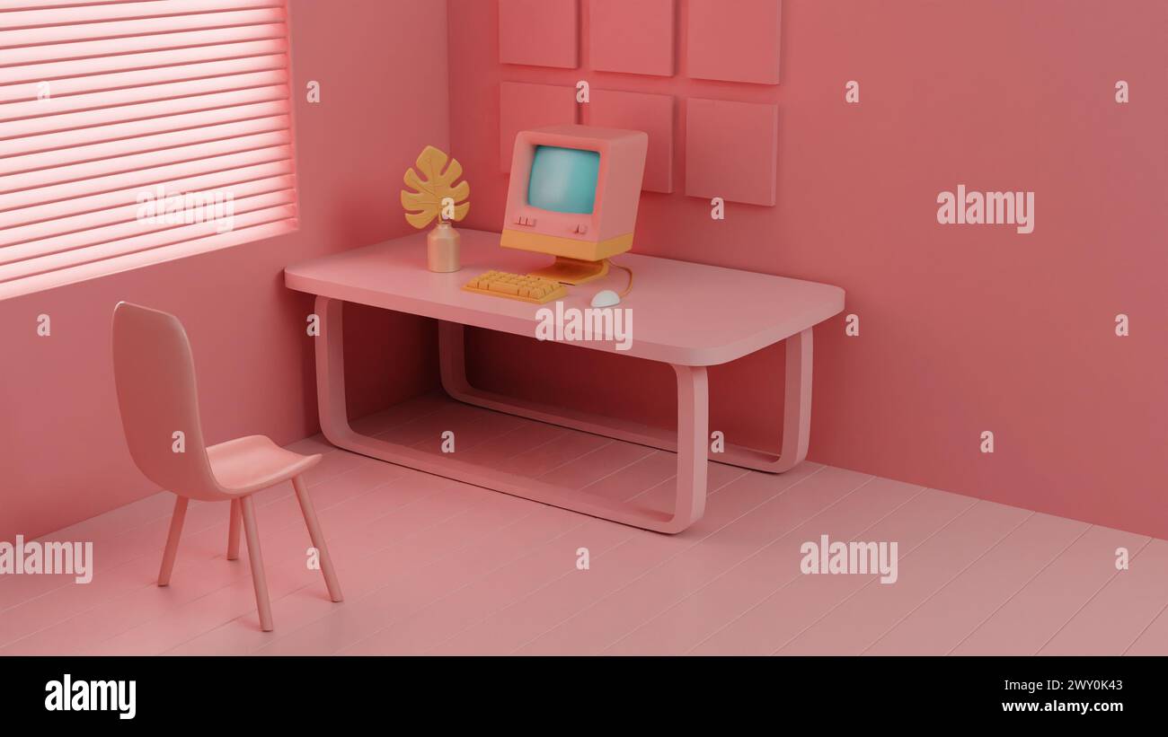 Retro Tech Charm: Vintage Computer Setup in Pastel Decor Stock Photo ...