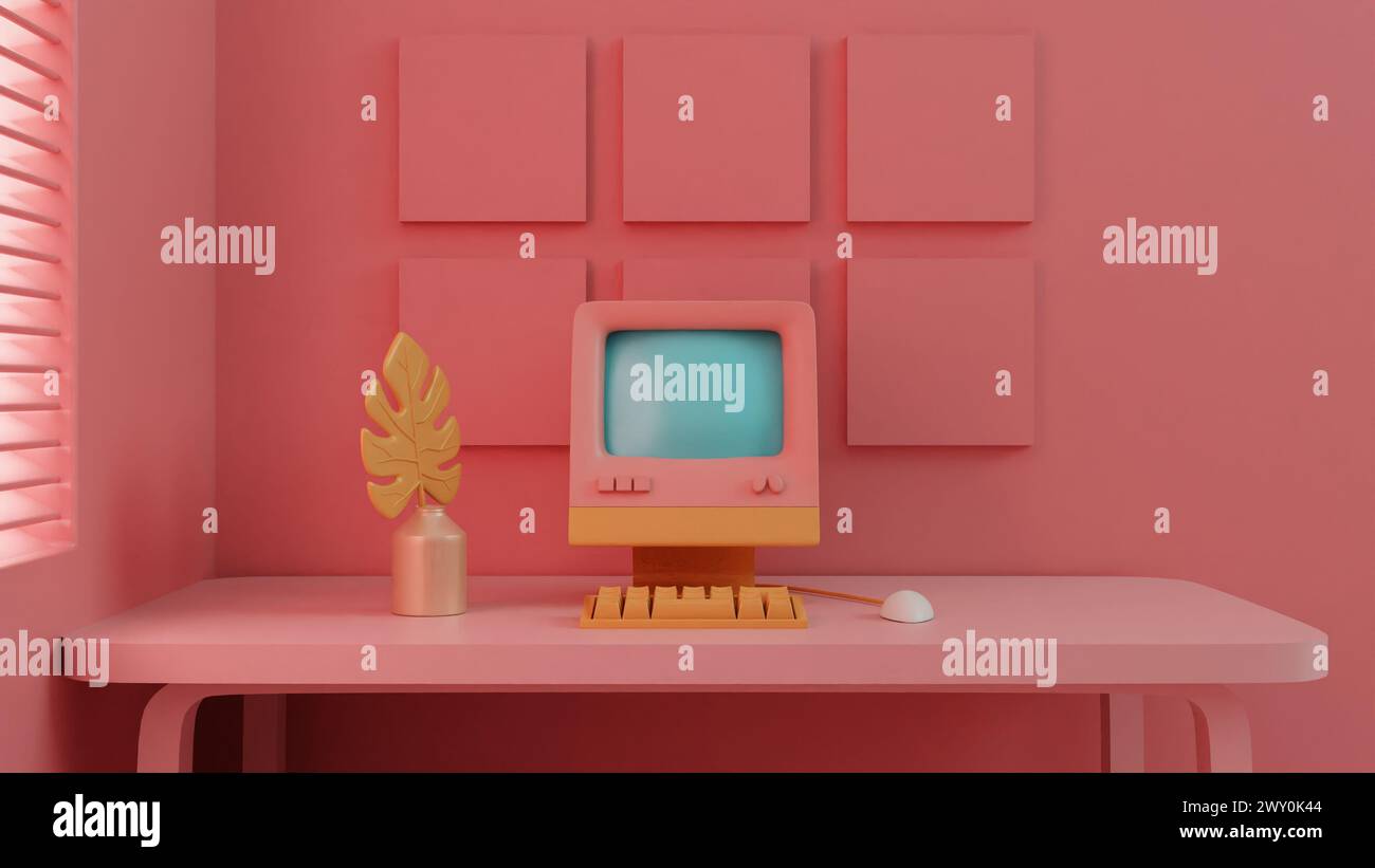 Retro Tech Charm: Vintage Computer Setup in Pastel Decor Stock Photo ...