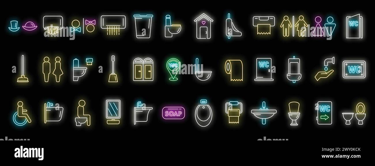 Wc icons set outline vector. Toilet sign. Bathroom toilet neon color on ...