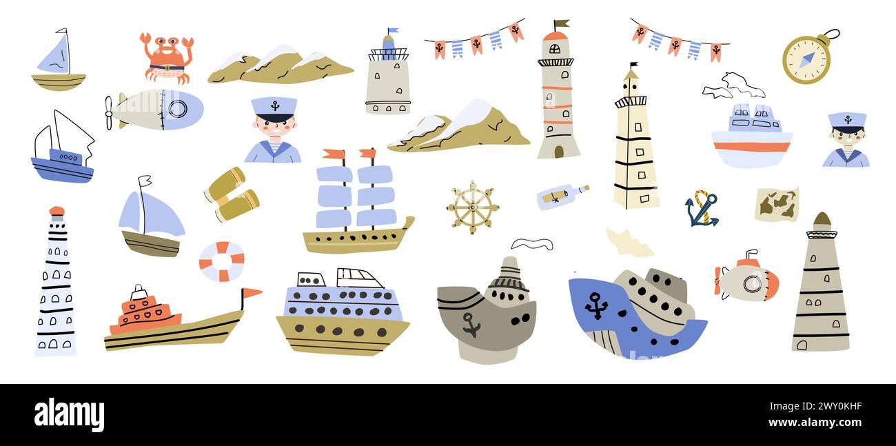 Nautical sea set of cartoon boat and ship, lighthouses, equipment ...