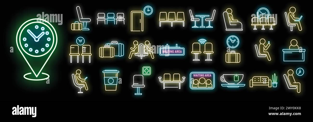 Waiting area icons set outline vector. Wait room. Area seat neon color on black Stock Vector ...