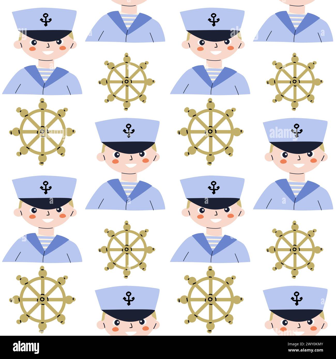 Cute marine baby pattern with sailor boy and wheel. Seamless vector sea ...