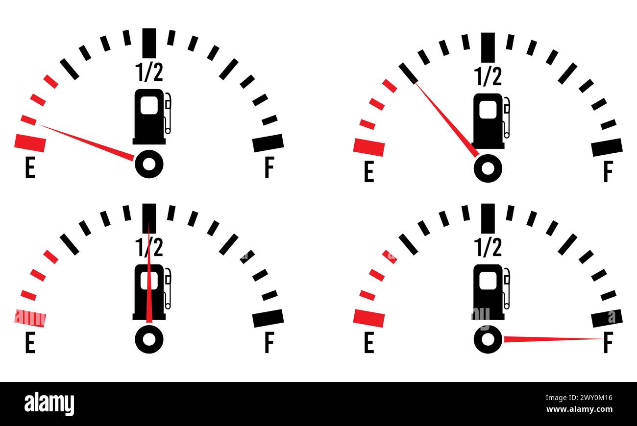 Car dashboard fuel gauge showing empty, quarter, half and full needles ...