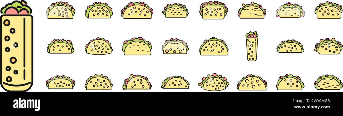 Tacos icons set outline vector. Food menu. Mexican beef thin line color ...