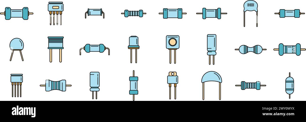 Resistor icons set outline vector. Capacitor chip. Battery board thin line color flat on white ...