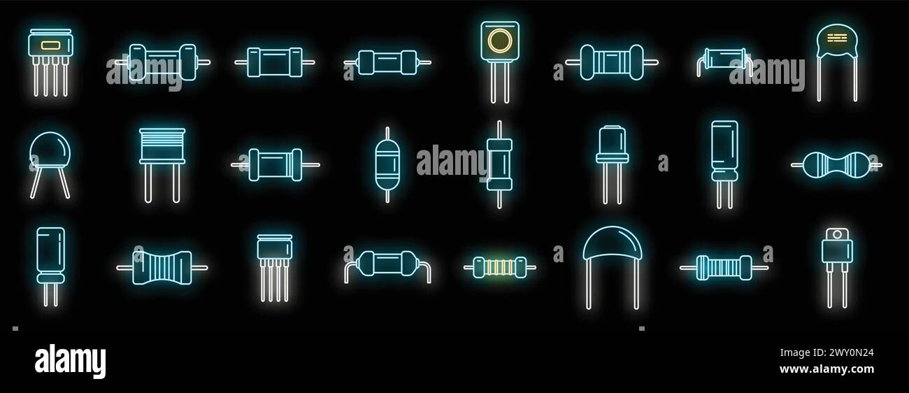 Resistor icons set outline vector. Capacitor chip. Battery board neon ...
