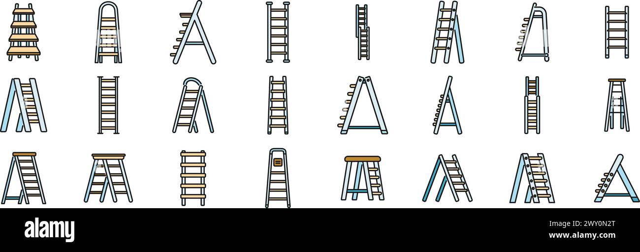 Step ladder icons set outline vector. Home metal. Stairway wooden thin ...
