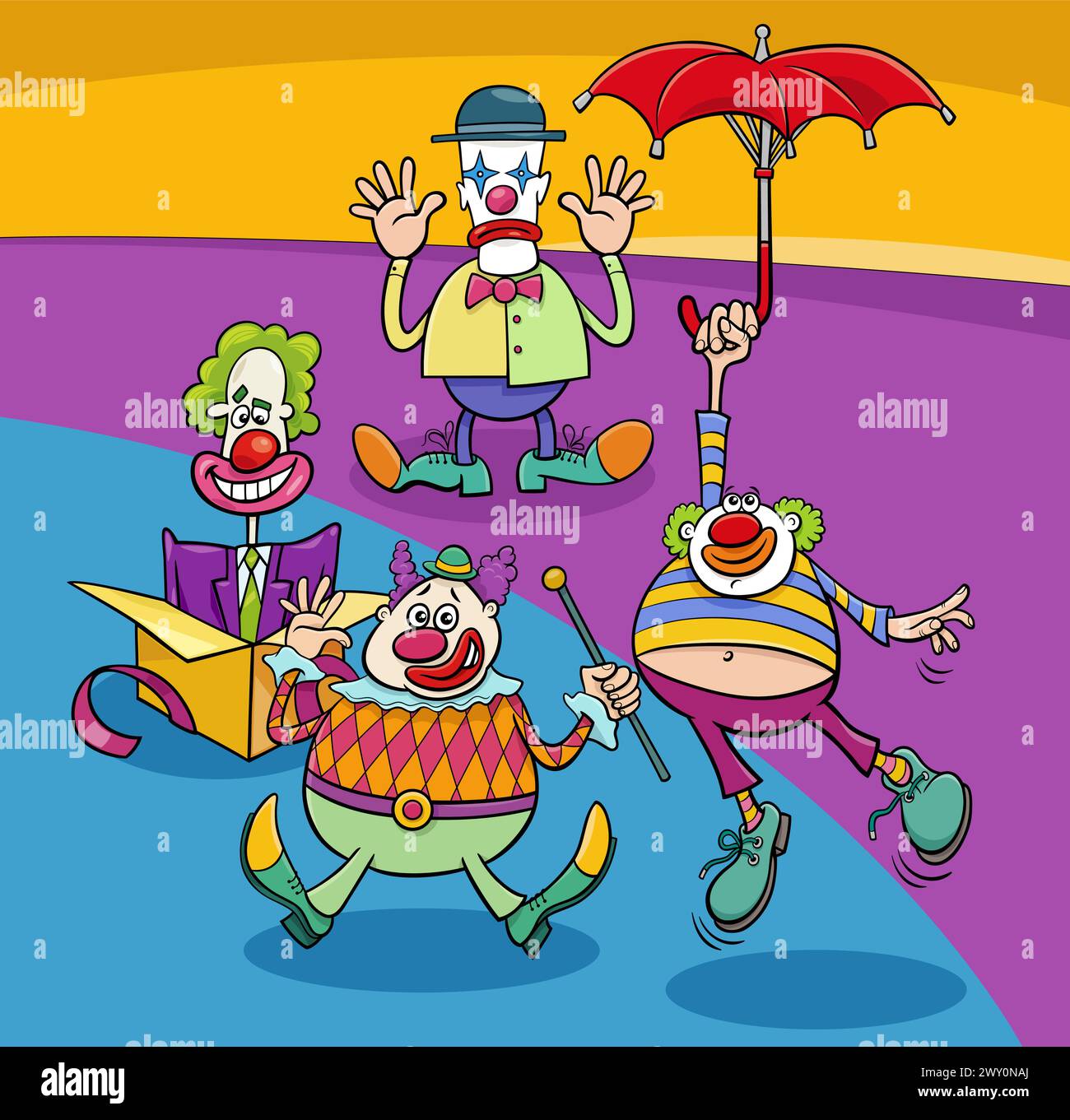 Cartoon illustration of funny clowns or comedians characters group ...