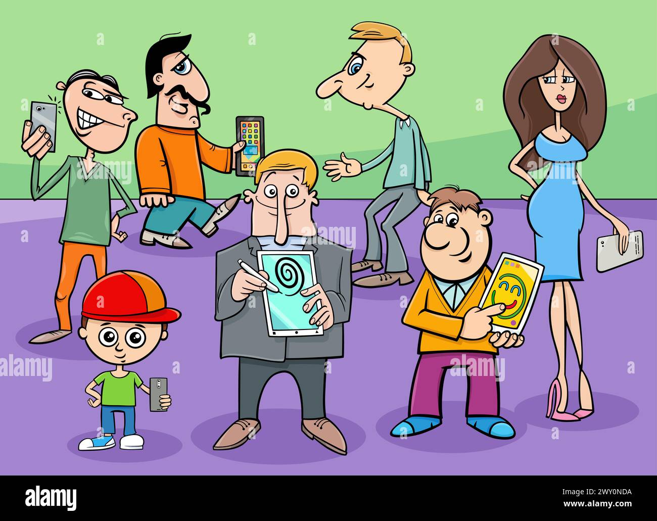 Cartoon illustration of people group with smart phones or electronic ...