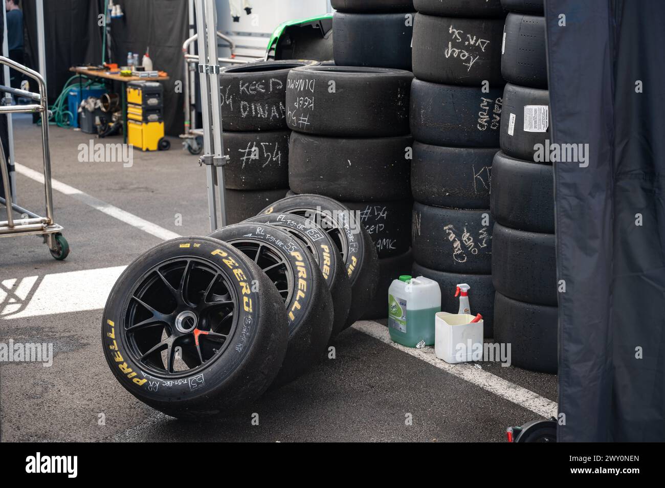 Detail of the Pirelli PZero slick tire stacks. marked with notes with ...