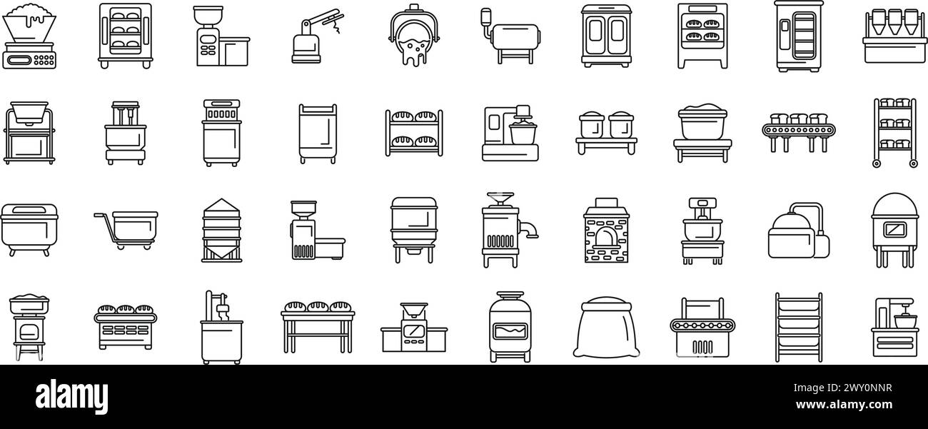 Bread production icons set outline vector. Food factory. Cake machine ...