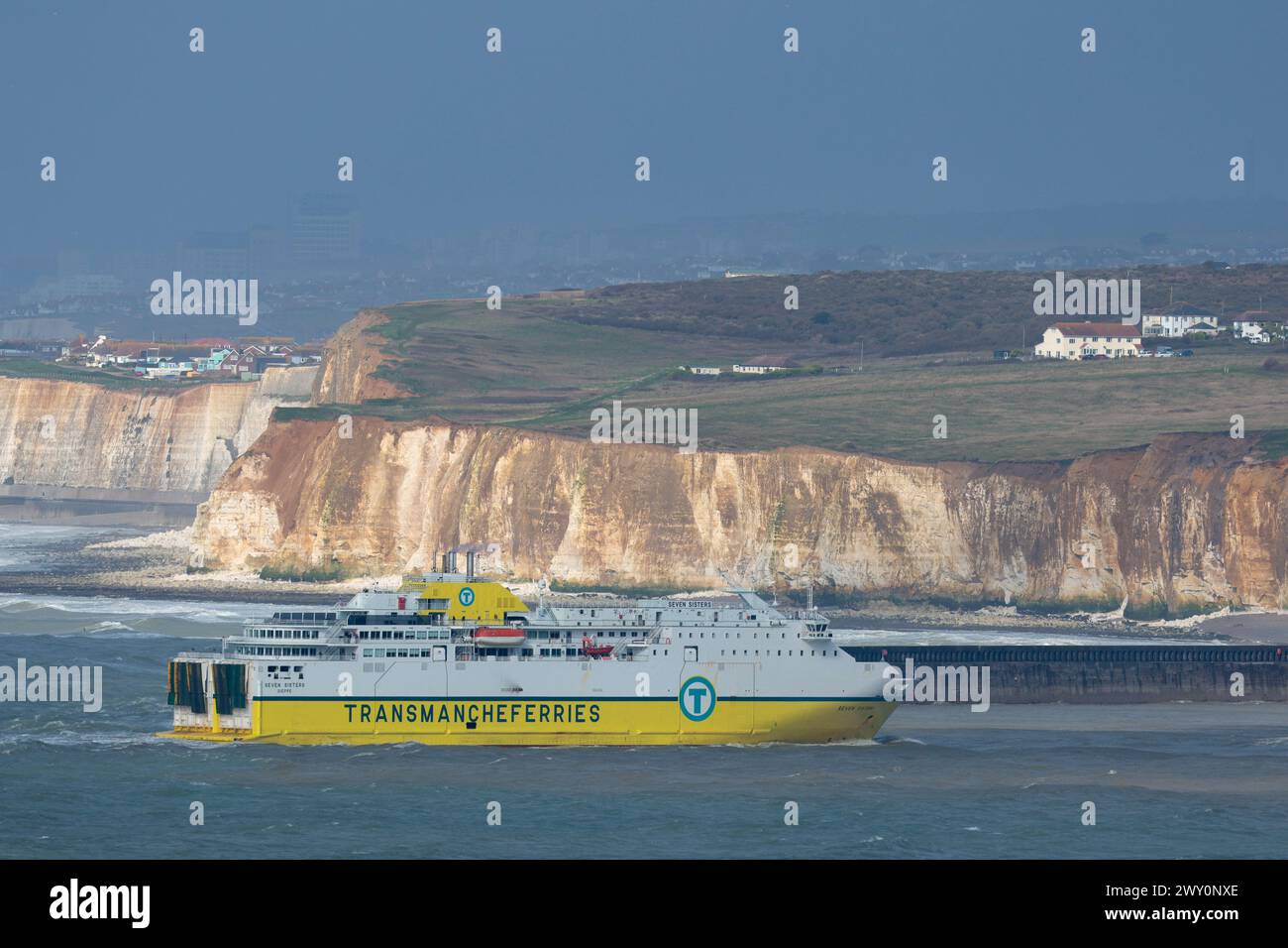 ferry seven sisters to dieppe coming into newhaven port view from seaford splash point UK yellow ...