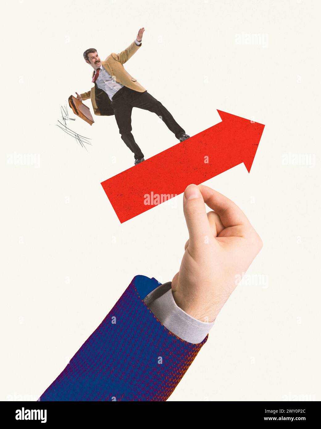 Contemporary art collage. Hand holding red arrow on which balancing ...