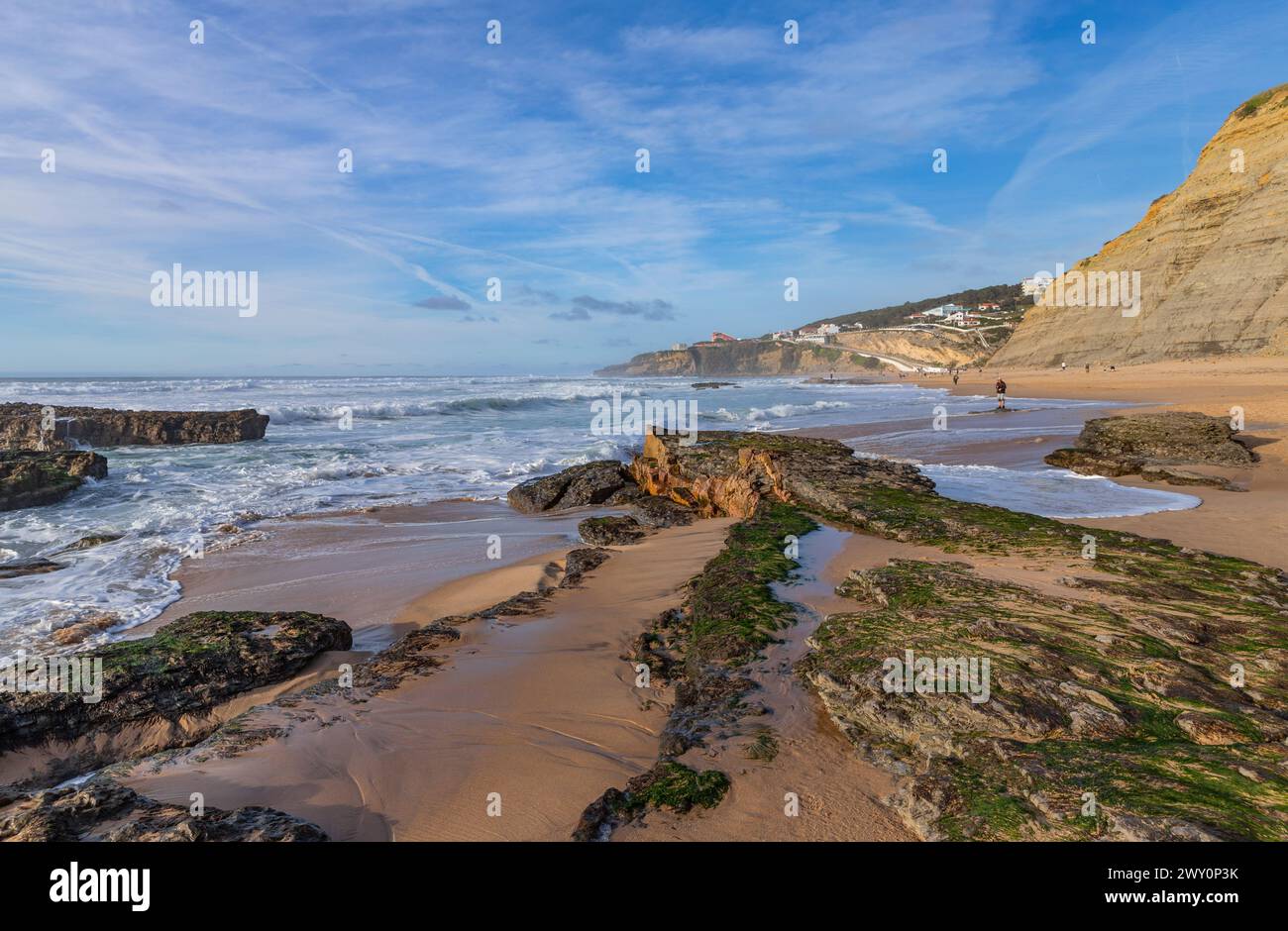 Sintra, Portugal: February 17, 2024: People at the beach of Magoito in ...
