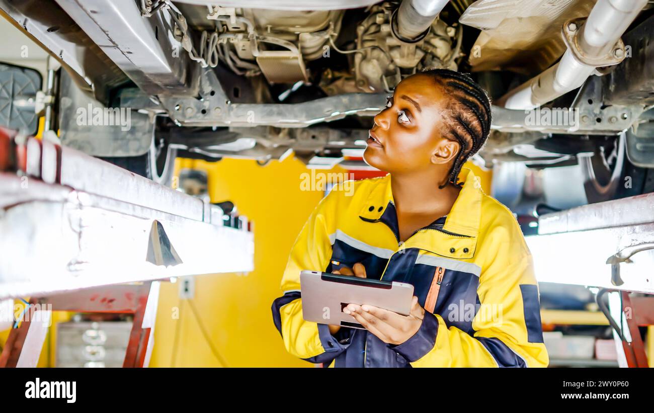 Woman reading book under truck, observing ground Stock Photo - Alamy