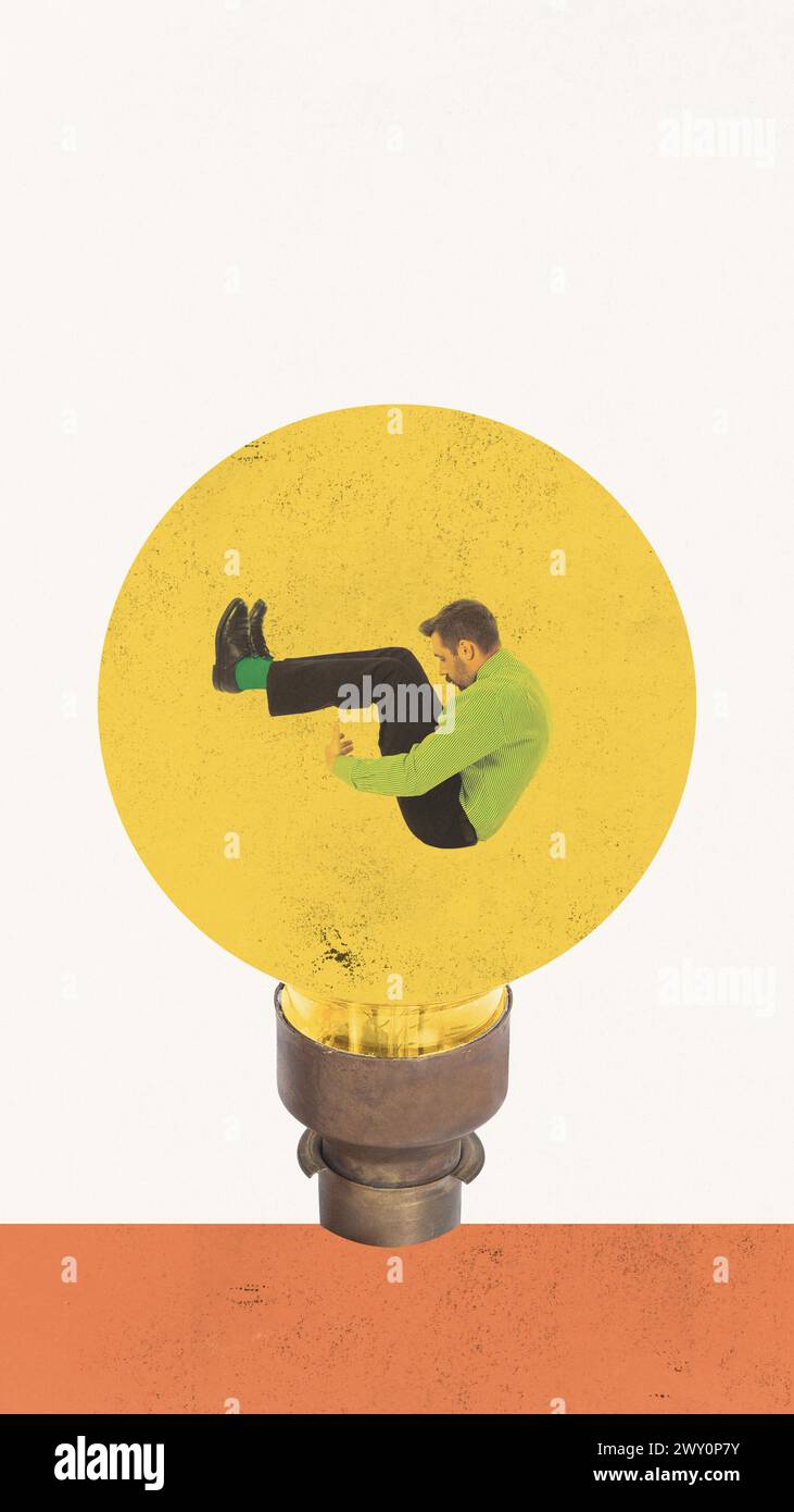 Contemporary art collage. Young man dressed smart casual attire sitting ...