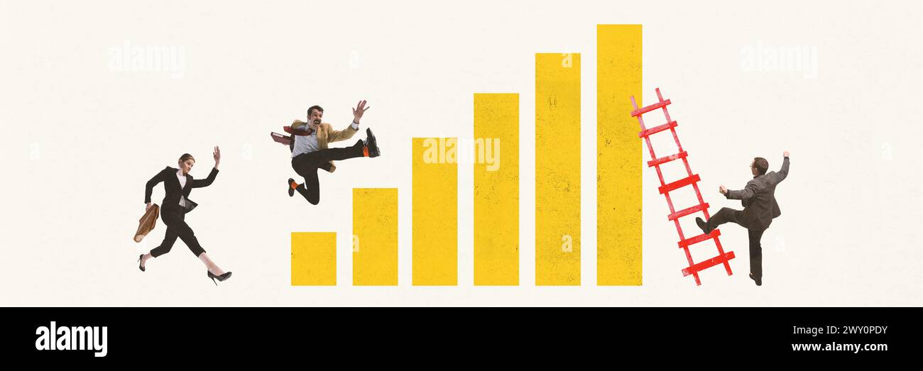 Contemporary art collage. Businesspeople climbing ascending bar graph ...
