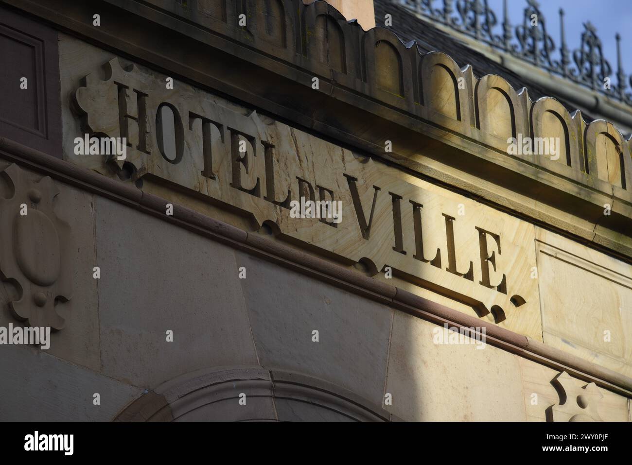 Facade architectural detail of the neo-Renaissance style Town Hall in ...