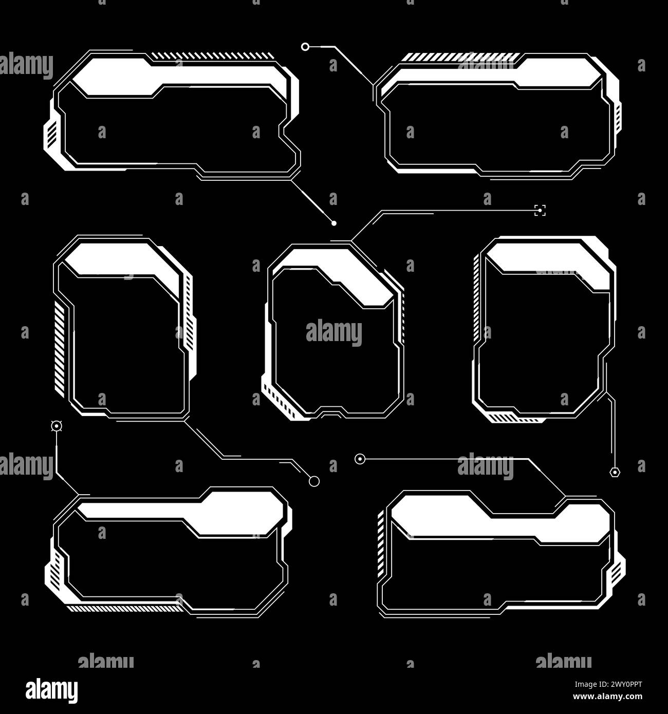 White futuristic HUD, UI elements. Sci-fi user interface text boxes, callouts. Warning message ...