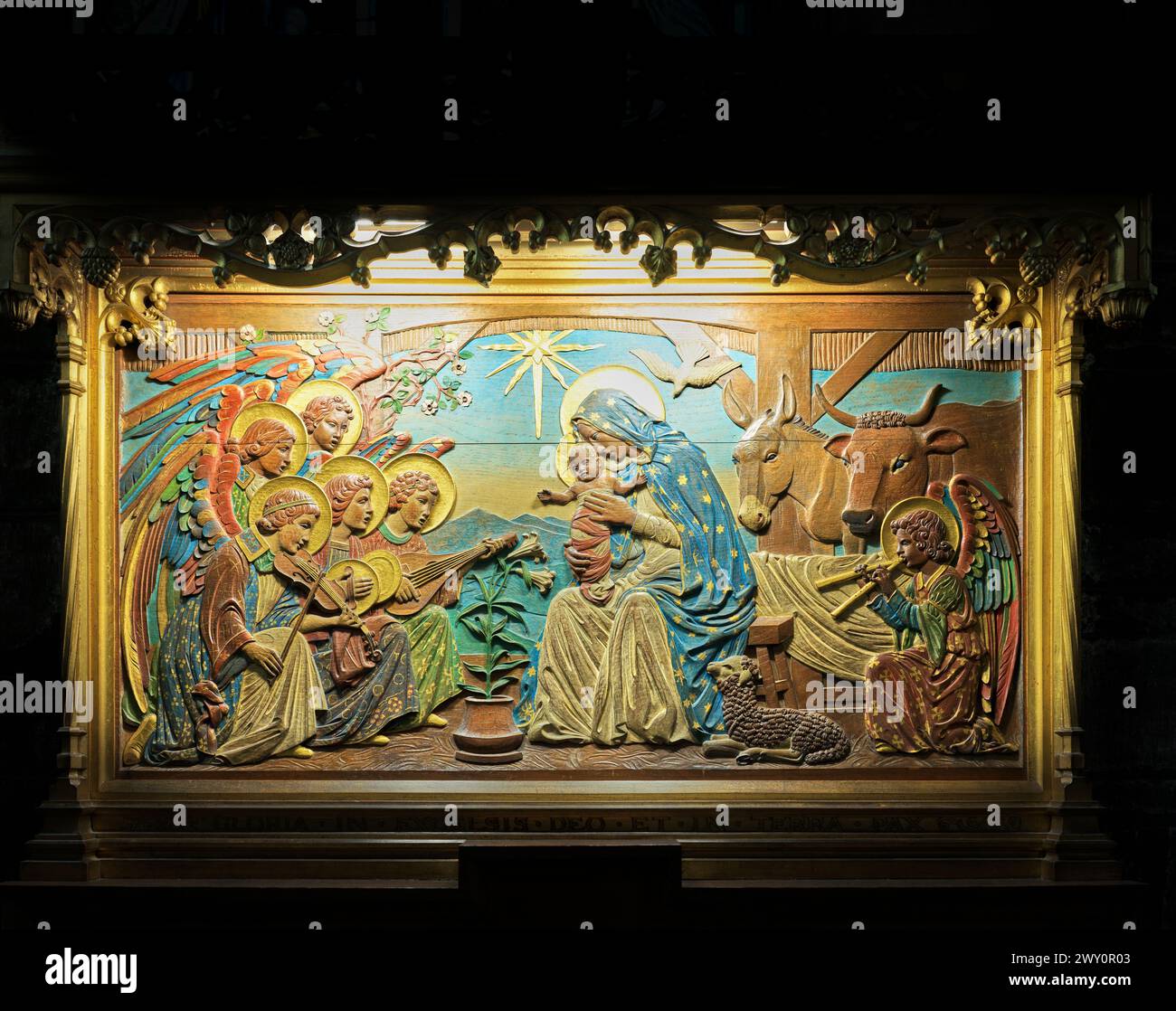 Wooden bas-relief, of baby Jeus with his mother Mary and a choir of ...