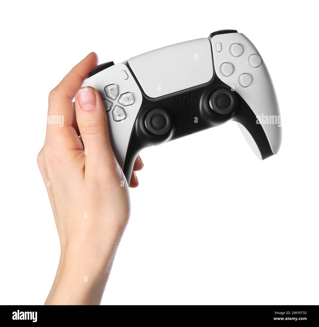 Woman holding game controller on white background, closeup Stock Photo ...
