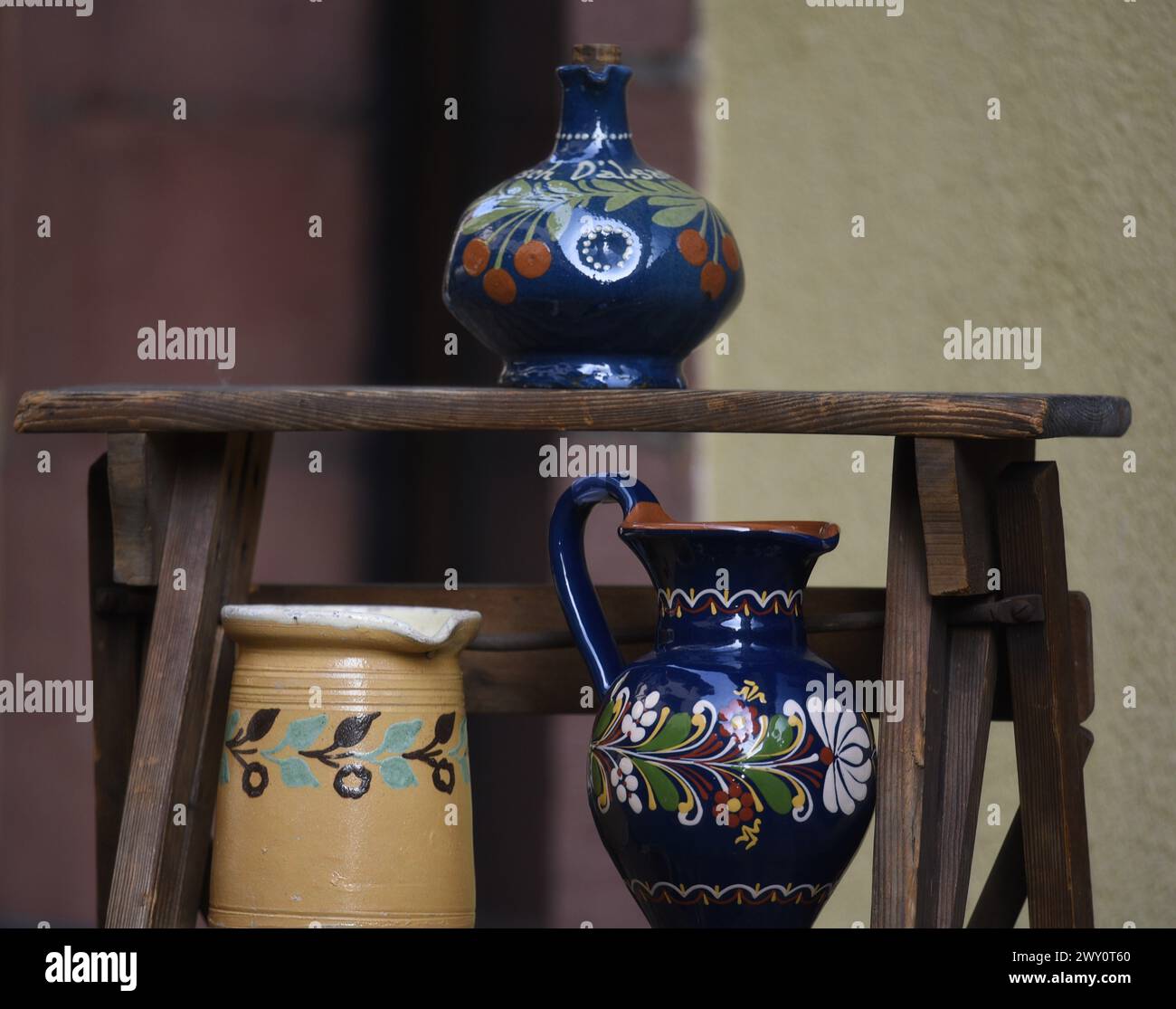 Antique Alsatian glazed pottery pitchers with old farmhouse motifs on ...
