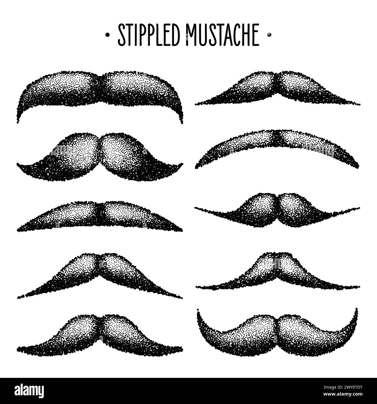 Stippled vintage mustache. Curly facial hair. Hipster beard. Stippling ...