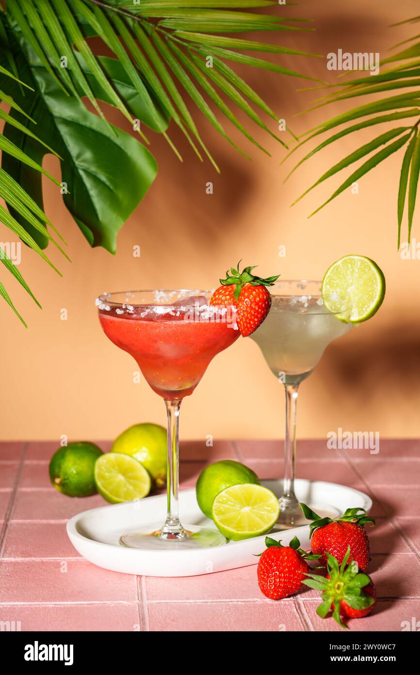 Margarita alcohol cocktail. Classic and strawberry margaritas with ...
