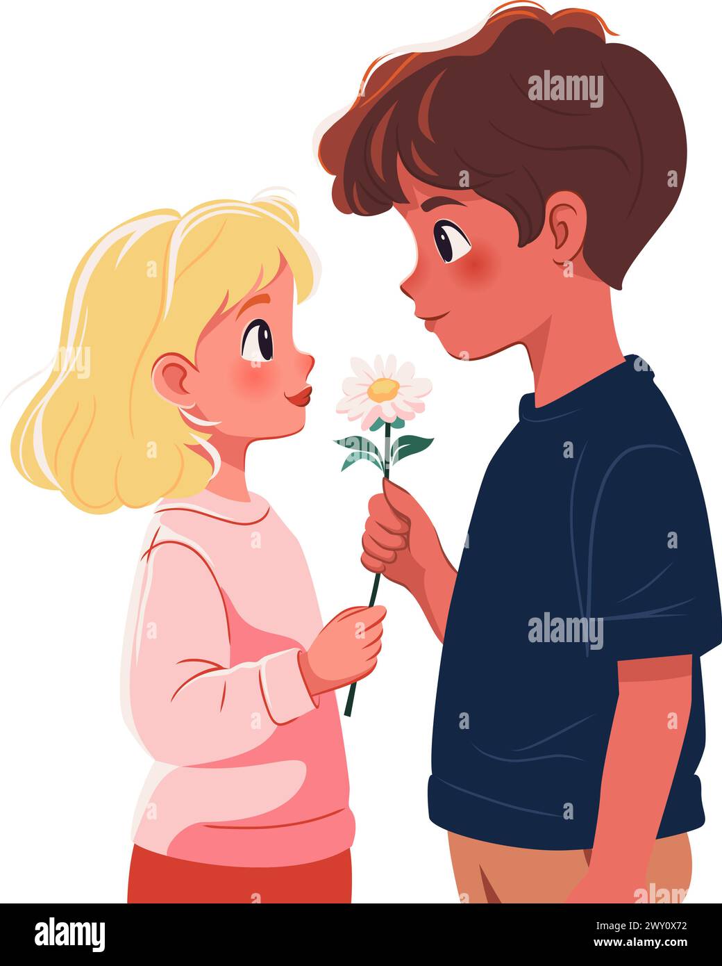 Cheerful boy gives flower to sweet blond girl. First love concept ...