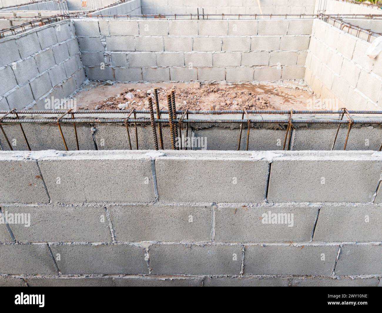 The reinforcement steel bar of the framework on the concrete block to ...