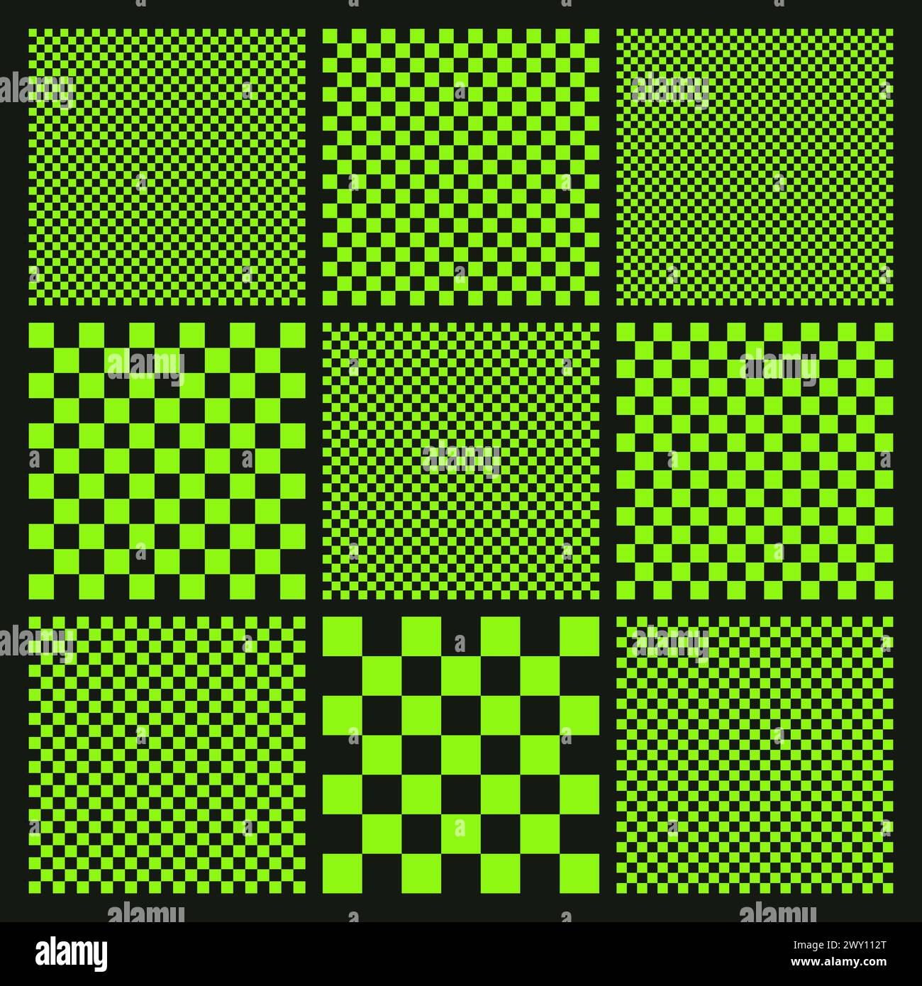 Trendy checkered pattern, black and green tiled grid. Funky geometric ...