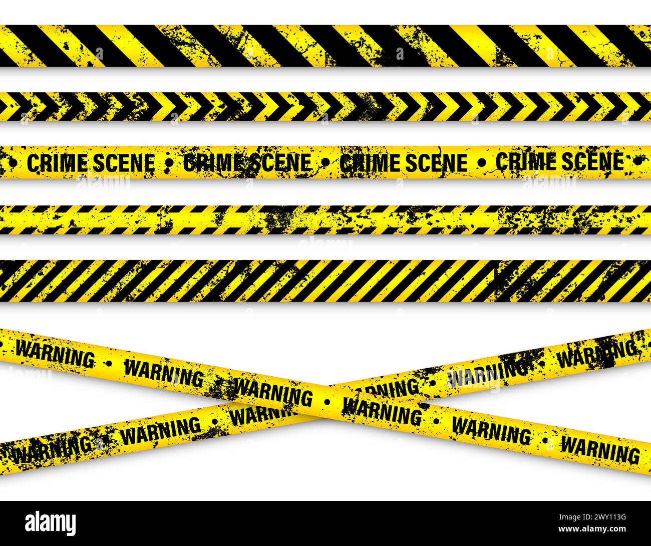 Old grunge barricade construction tape. Yellow police warning line ...