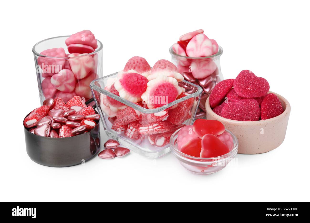 Different yummy pink candies isolated on white Stock Photo - Alamy